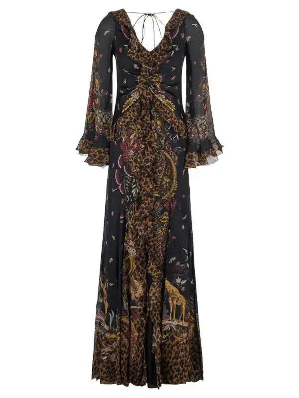 Etro Long Dress With V-neck And All-over Print - Brown