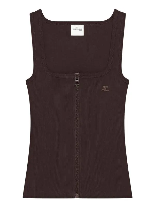 COURREGES 90's Ribbed-knit Zip-up Tank Top - Chocolate