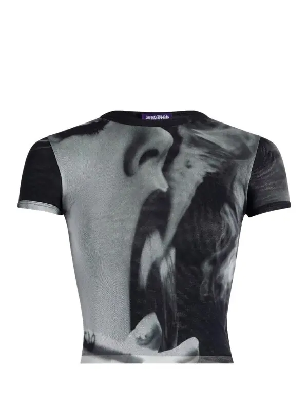 JEAN PAUL GAULTIER Mesh All-over Print Short Sleeve Cropped T-shirt - Black/grey