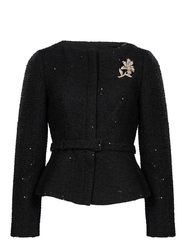 Roland Mouret Sequined Flower Brooch Tailored Jacket - Black
