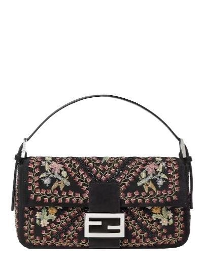 Fendi Baguette Embroidered Suede Shoulder Bag - No
