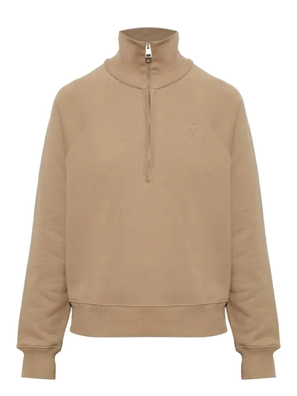 AMI Paris Zip-collar Sweatshirt With Embroidered Logo - Beige