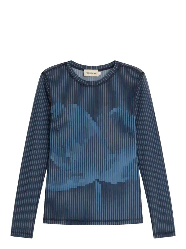 THINKING MU Sheer Lotus Print Long Sleeve Top - Blue