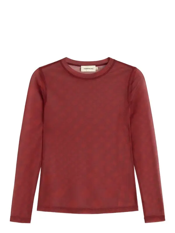 THINKING MU Sheer Printed Long Sleeve Top - Red