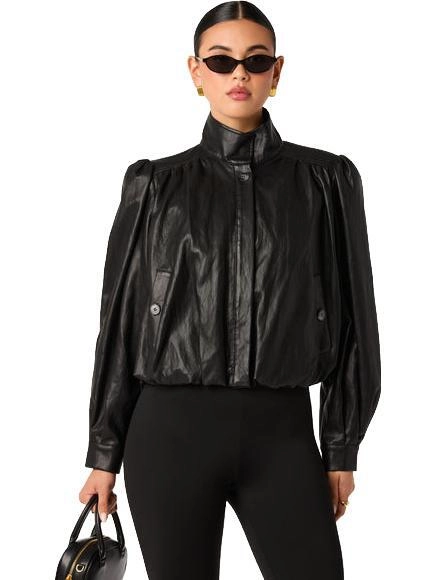Astr The Label Faux Leather Cropped Bomber Jacket - Black