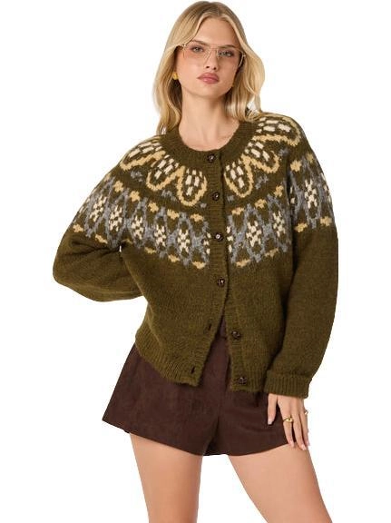 Astr The Label Irene Fair Isle Cardigan - Olive