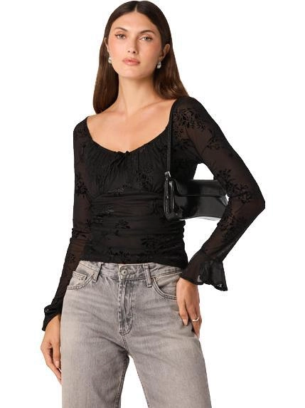 Astr The Label Belsie Velvet Bow Ruched Top - Black