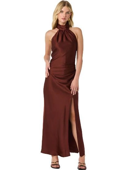 Astr The Label Satin Halter Maxi Dress With Leg Slit - Mulberry Brown