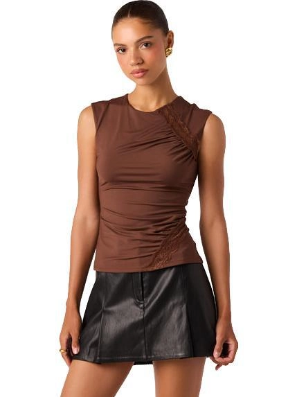 Astr The Label Frances Asymmetrical Lace Ruched Top - Brown