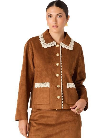 Astr The Label Gavriella Lace-trim Faux Suede Jacket - Camel