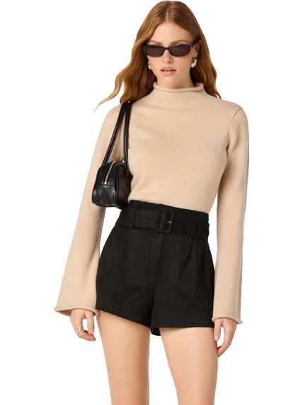 Astr The Label Faux Suede Belted High-rise Shorts - Black