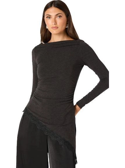Astr The Label Fiona Asymmetric Lace Hem Top - Charcoal