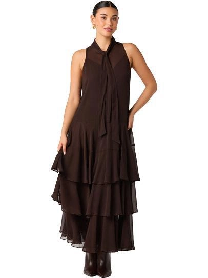 Astr The Label Tiered Ruffle Maxi Dress With Tie Neck - Espresso