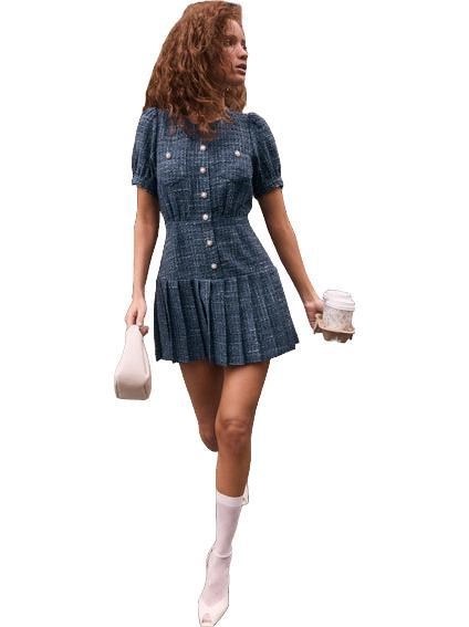 Astr The Label Brenlee Tweed Pleated Mini Dress With Pearl-effect Buttons - Denim Blue