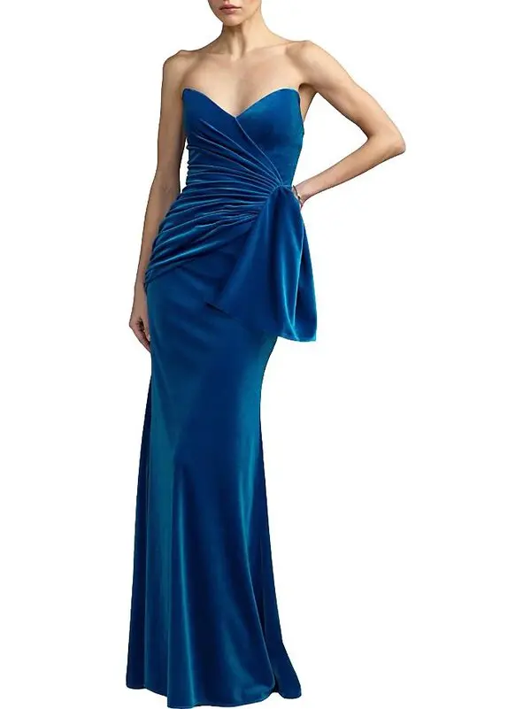 Mac Duggal Strapless Draped Velvet Column Gown - Cobalt