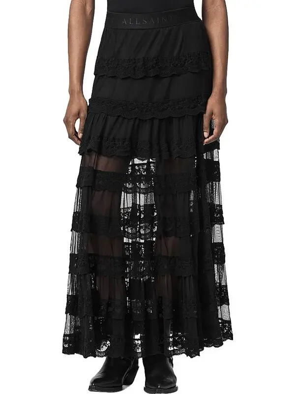 ALLSAINTS Maggie Lace Trim Tiered Maxi Skirt - Black