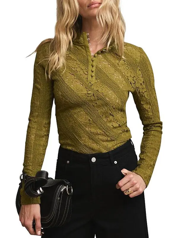 Mint Velvet Lace Detail High Neck Long Sleeve Top - Green