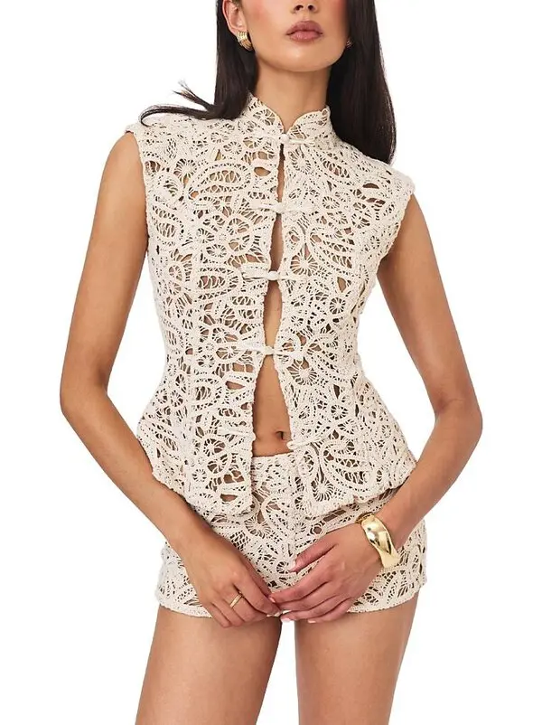 MISS CIRCLE NEW YORK Rosetta Cotton Crochet Mandarin Collar Top - Cream