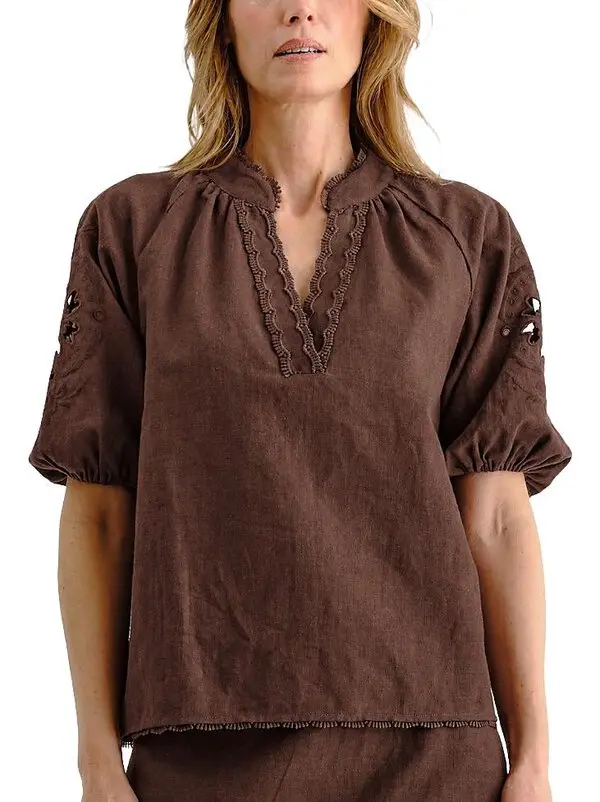 CARTOLINA Catalina Embroidered Linen Blend Top - Cacao
