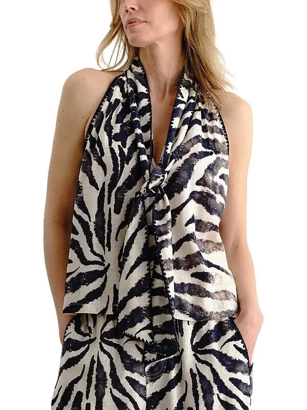 CARTOLINA Monroe Linen Halter Top With Print - Painted Zebra