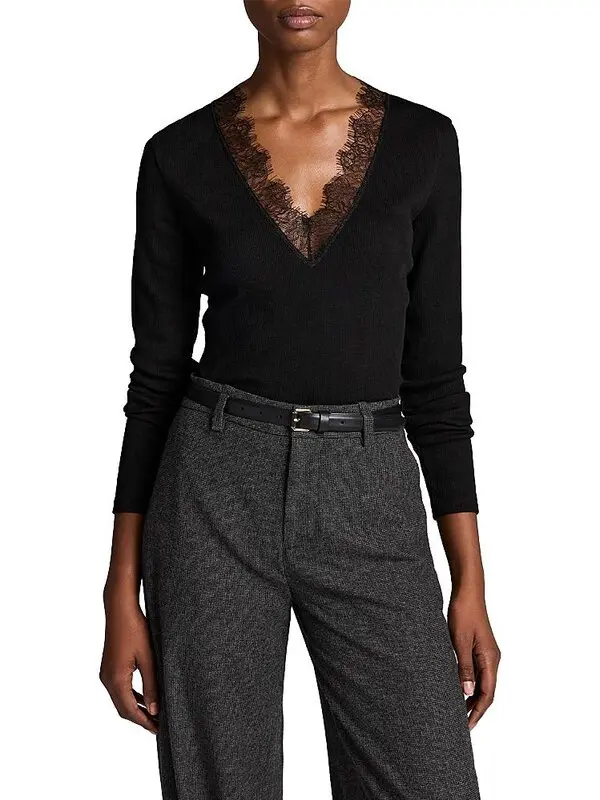 Vince Lace Trim V-neck Long Sleeve Top - Black