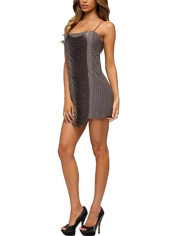 EDIKTED Ione Embellished Fringed Mini Dress - Gray