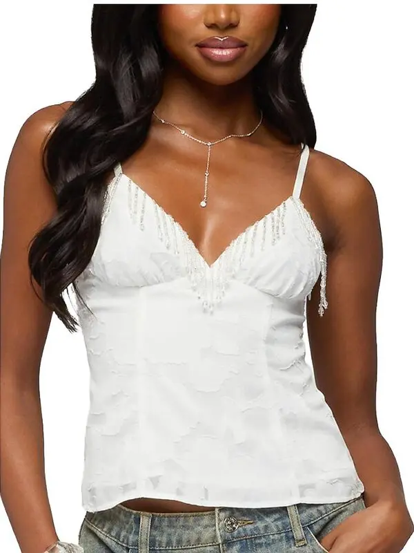 EDIKTED Fringe Textured Chiffon Top - White