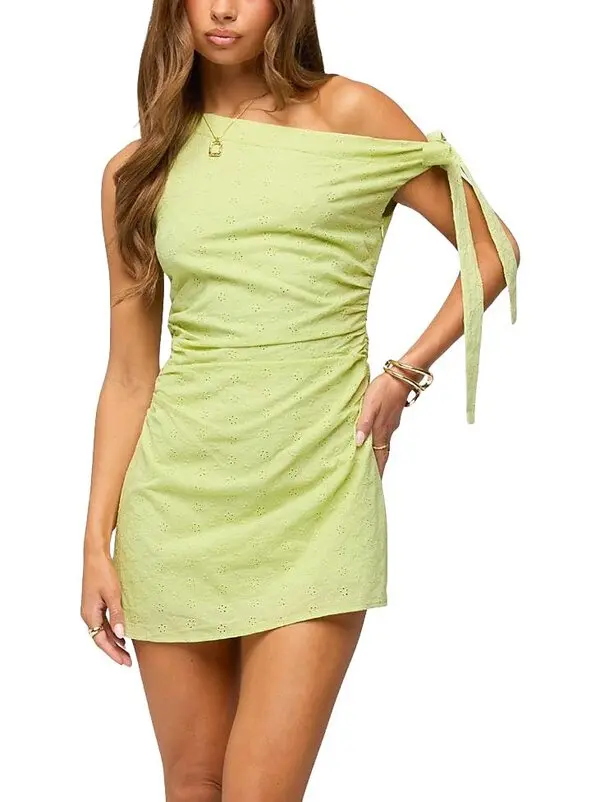 EDIKTED Zimi Eyelet One Shoulder Mini Dress - Sage
