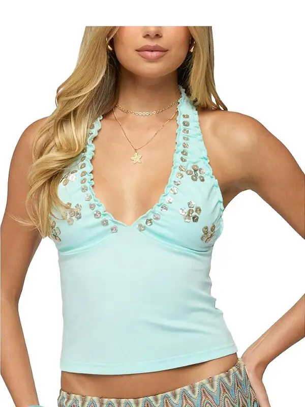 EDIKTED Chana Button Halter Top - Light-blue