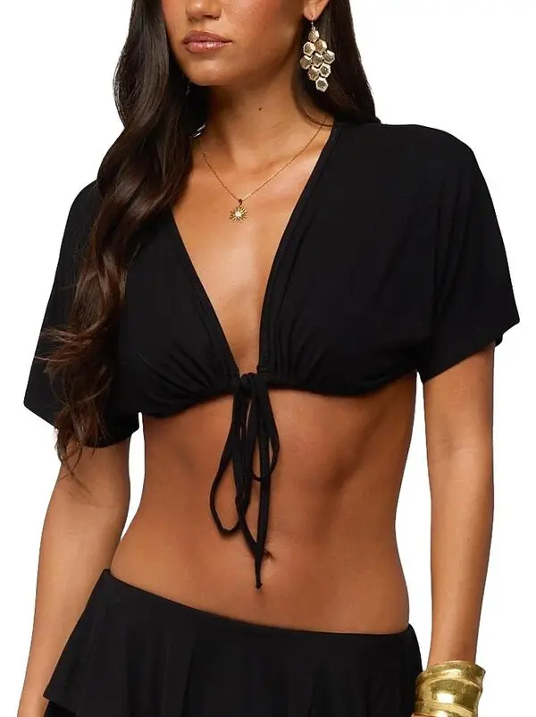EDIKTED V Neck Front Tie Crop Top - Black