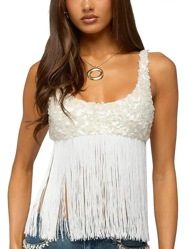 EDIKTED Petrah Sequin Fringed Bra Top - Cream