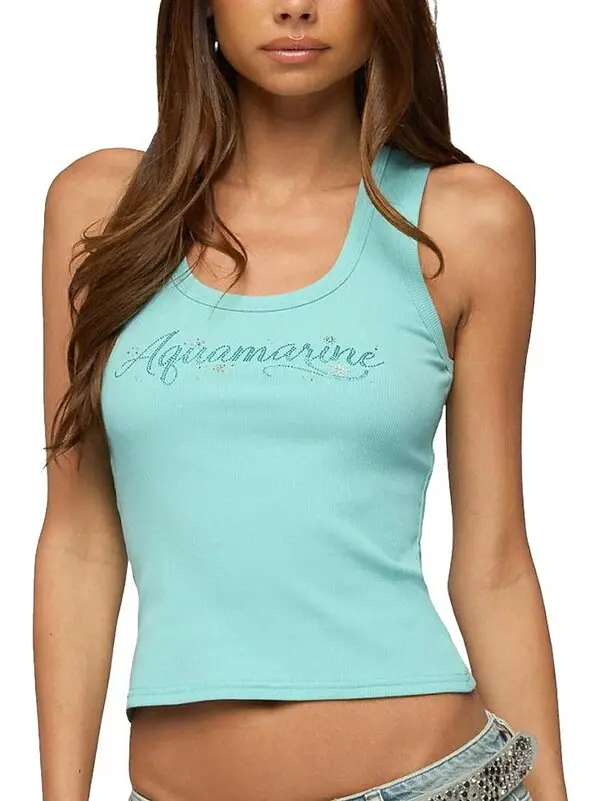 EDIKTED Aquaramine Rhinestone Ribbed Tank Top - Aqua