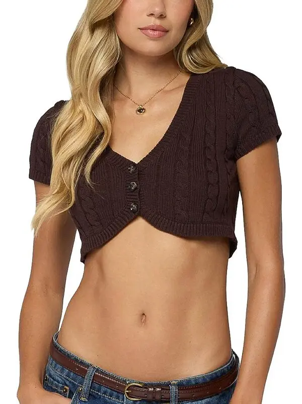EDIKTED Zila Cropped Cable Knit Top With Button Detailing - Brown