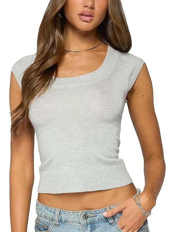 EDIKTED Somin Knit Scoop Neck Top - Gray-melange