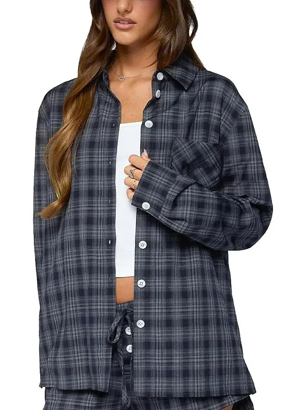 EDIKTED Alessa Plaid Button Up Long Sleeve Top - Dark-blue
