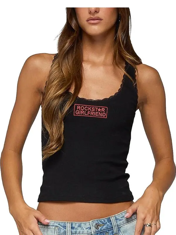 EDIKTED Rockstar Girlfriend Lacey Trimmed Tank - Black