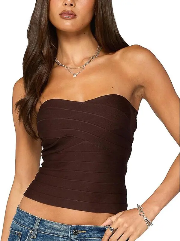 EDIKTED Marzi Strapless Knit Bandage Top - Brown