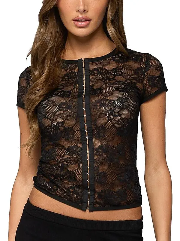 EDIKTED Sheer Lace Hook & Eye Top - Black