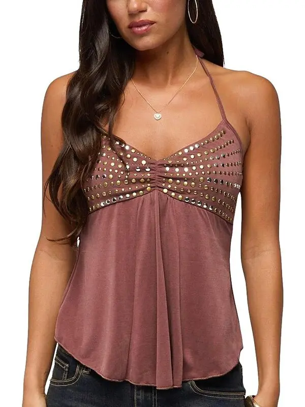 EDIKTED Ivana Studded Halter Top - Brown