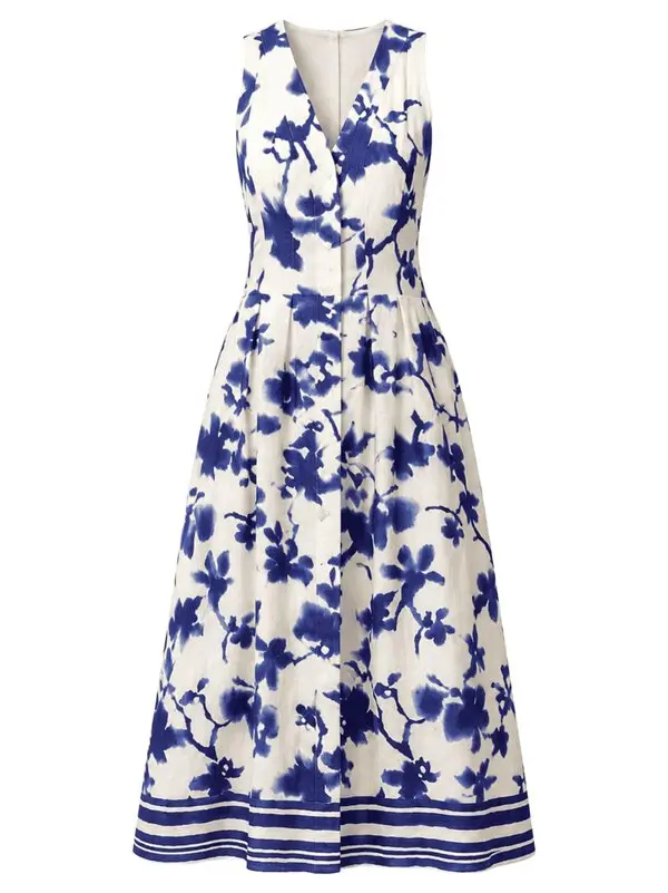 EXQUISE Zeta Sleeveless V-neck Floral Print Midi Dress - Blue