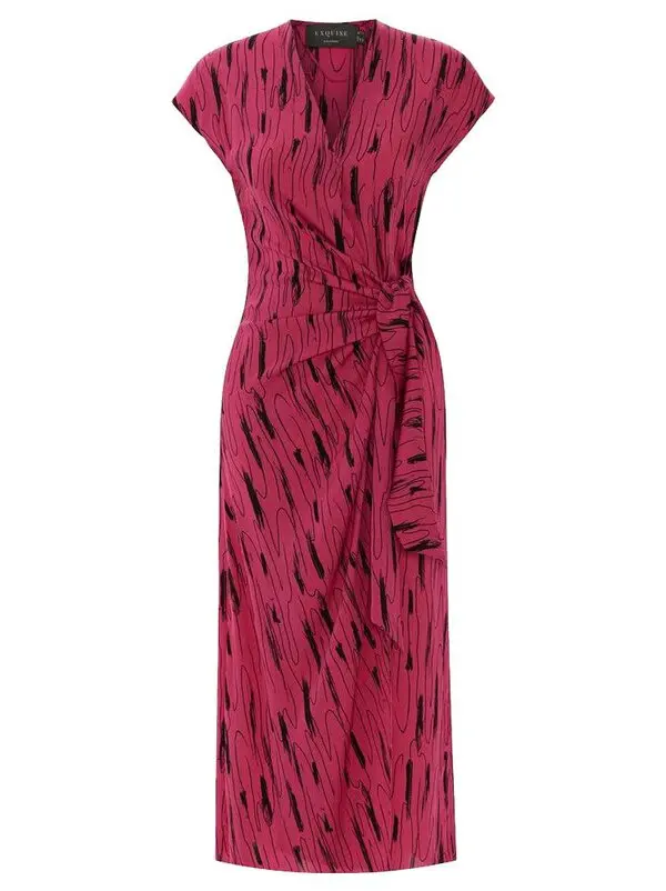 EXQUISE Printed Wrap Midi Dress - Black/pink