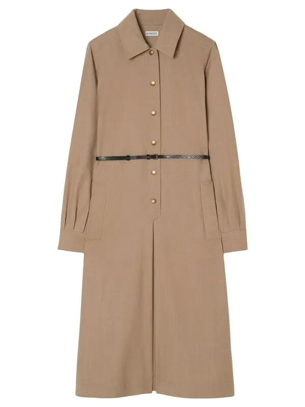 Burberry Wool Midi Shirt Dress With Calfskin Belt - Beige