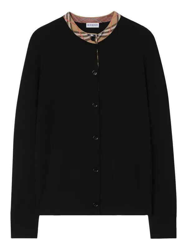 Burberry Wool Cardigan With Signature Check Trim - Black