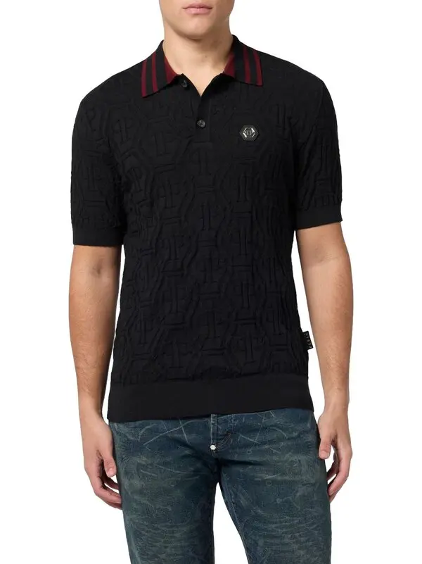 Philipp Plein Cotton Knit Polo Shirt With Contrast Hexagon Logo - Black