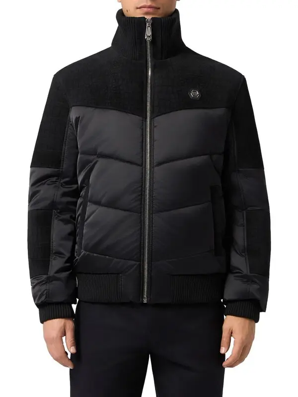Philipp Plein Puffer Jacket With Textured Paneling - Black
