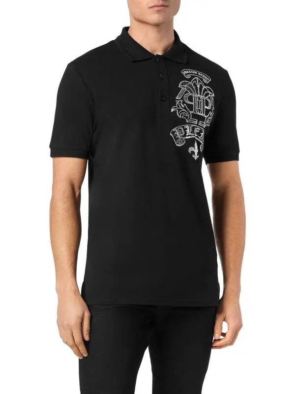 Philipp Plein Short-sleeved Cotton Polo Shirt With Rhinestone Hexagon Logo - Black