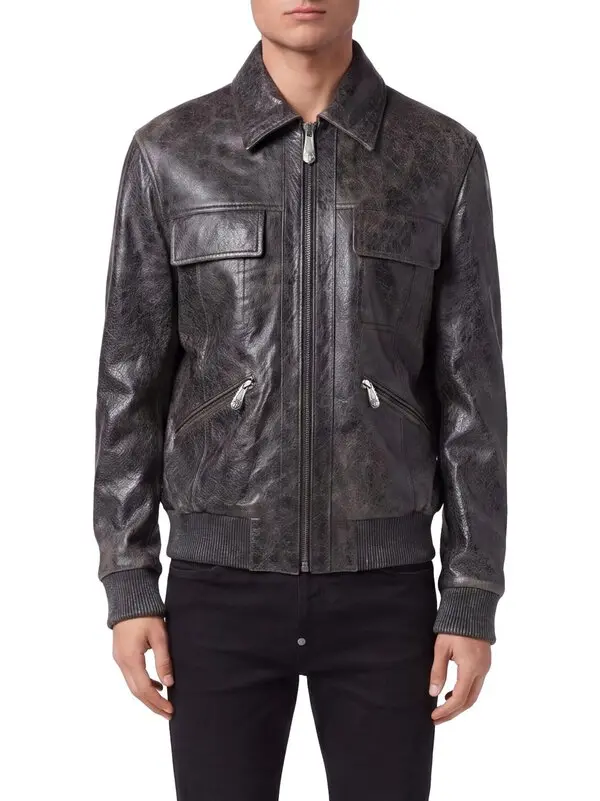 Philipp Plein Textured Leather Bomber Jacket - Grey