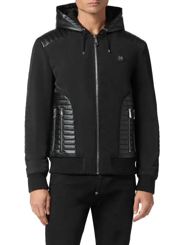 Philipp Plein Hooded Bomber Jacket With Leather Accents - Black