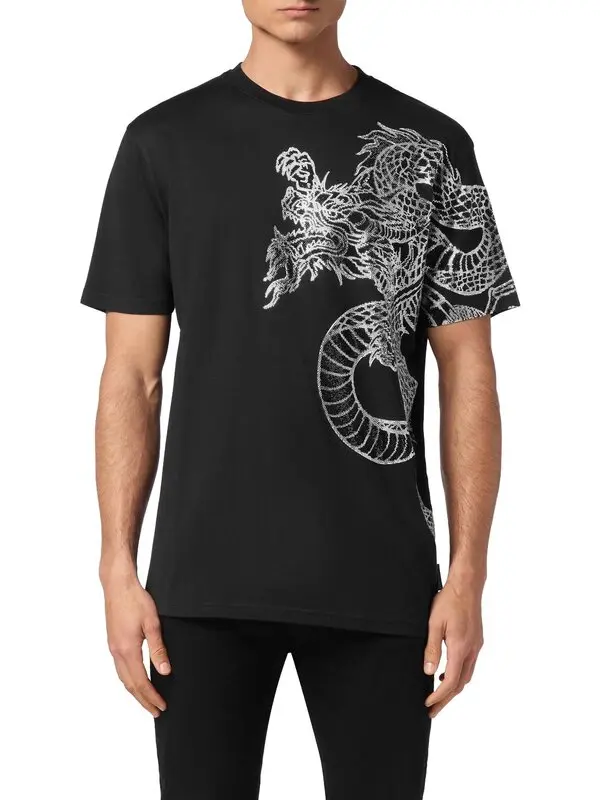 Philipp Plein Cotton Jersey T-shirt With Rhinestone Logo And Crew Neck - Black