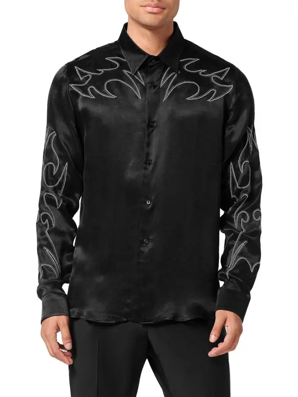 Philipp Plein Slim Fit Silk Shirt With Flame Print And Rhinestones - Black